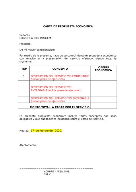 Modelo DE Propuesta Economica CARTA DE PROPUESTA ECONÓMICA Señores