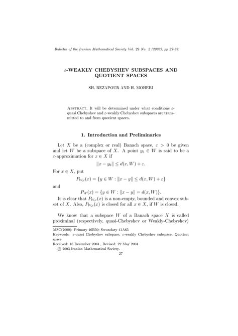 pdf ε weakly chebyshev subspaces and quotient spaces
