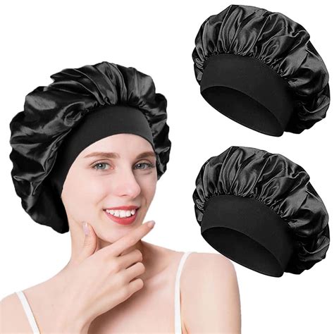 2 Pièces Bonnet de Soie Satin Cheveux Nuit pour Femmes Noir Noir