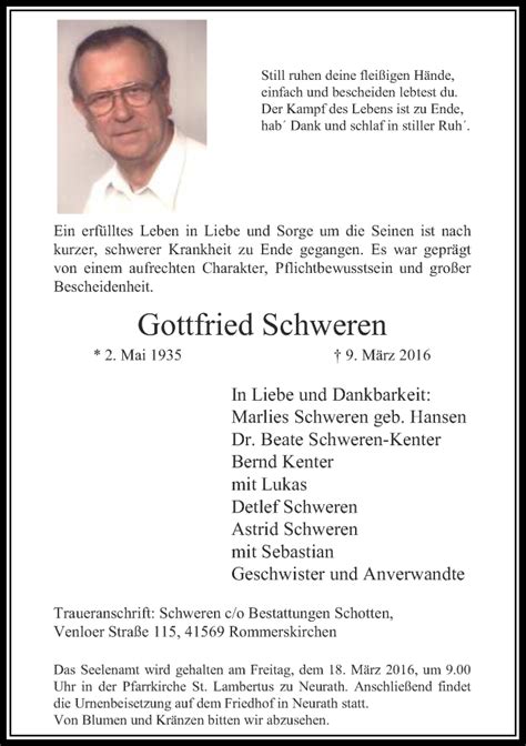 Alle Traueranzeigen F R Gottfried Schweren Trauer Rp Online De