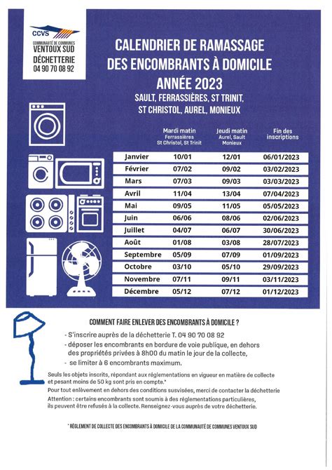 Calendrier de ramassage des encombrants à domicile 2023 COMMUNE DE