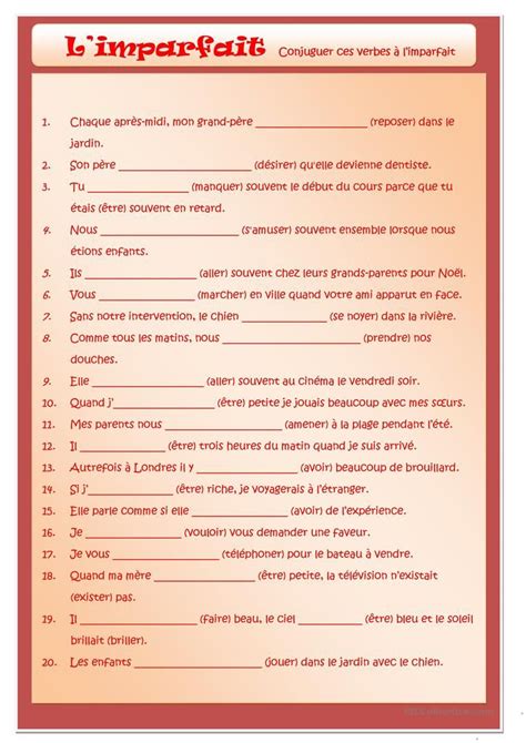 IMPARFAIT Exercices Imparfait Exercices Conjugaison Exercice Cm2