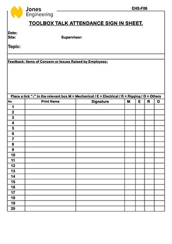 Toolbox Talk Sign Sheet