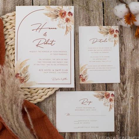 Chic Arch Shape Boho Terracotta Pampas Grass Wedding Invitation Set EWI512
