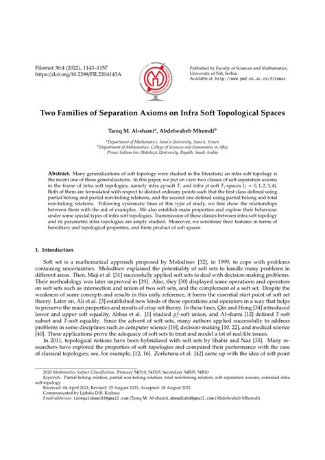 pdf two families of separation axioms on infra soft topological spaces