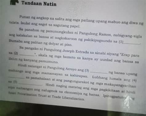 Punan Ng Angkop Na Salita Ang Mga Patlang Upang Mabuo Ang Diwa Ng