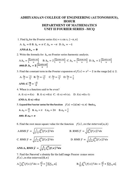 unit test ii fourier series mcq pdf fourier series analysis