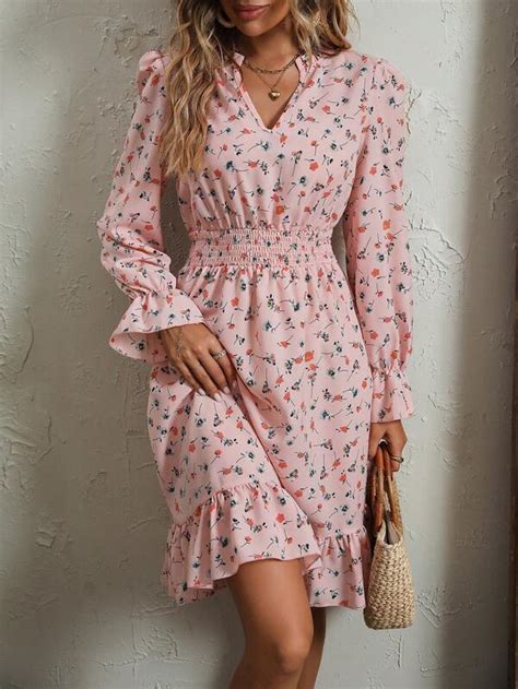 SHEIN LUNE Ditsy Floral Print Flounce Sleeve Ruffle Hem Dress SHEIN USA