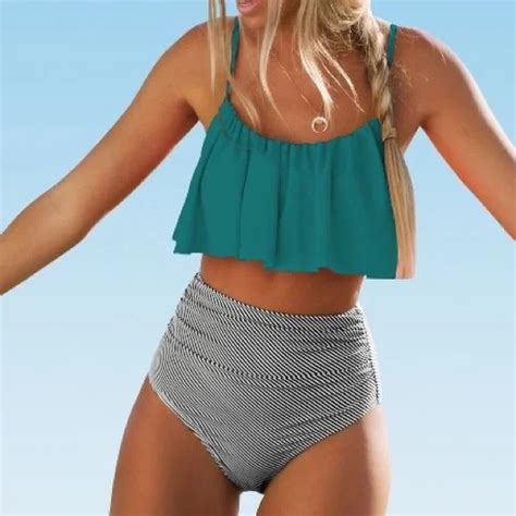 Bikini Tiro Alto Con Control De Abdomen Con Volantes Cortos Mod Ch