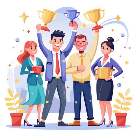 Team Success Celebrating Achievements With Trophies And Confetti