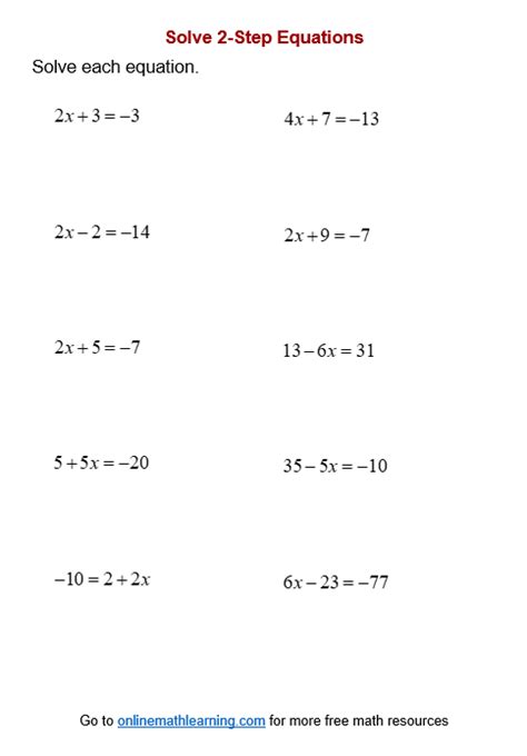 Two Step Equation Worksheets Printable Online Answers Examples