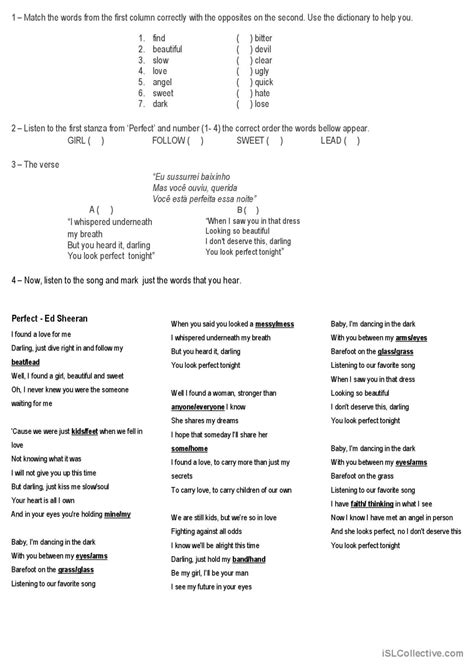 Ed Sheeran Perfect Song And Nursery Fran Ais Fle Fiches Pedagogiques
