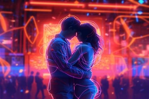 Premium Ai Image A Couple Kissing In Front Of Neon Lights In A City Generative Ai