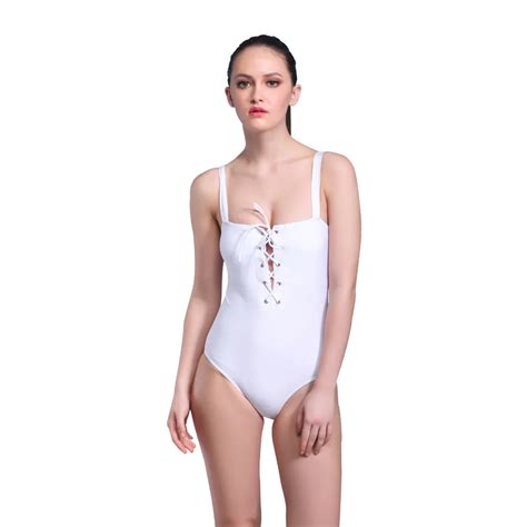 Solid Lace Up Modern Sexy White One Piece Swimsuit Front Cutout