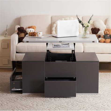 Table Basse Multifonctionnelle Relevable 2 Panneaux 3 Tiroirs 2