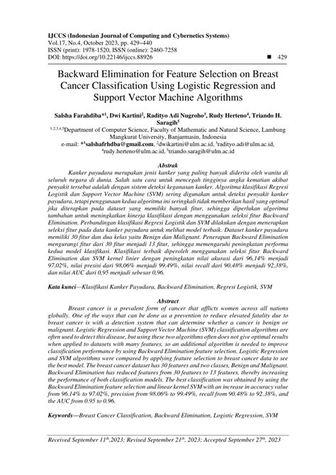 pdf backward elimination for feature selection on breast cancer classification using logistic