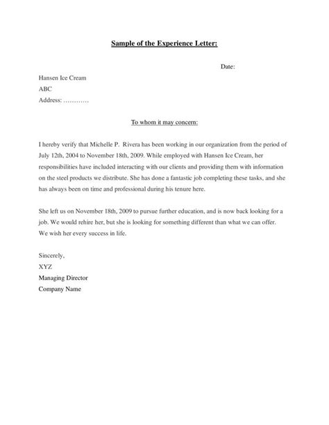 Experience Letter Sample From Employer