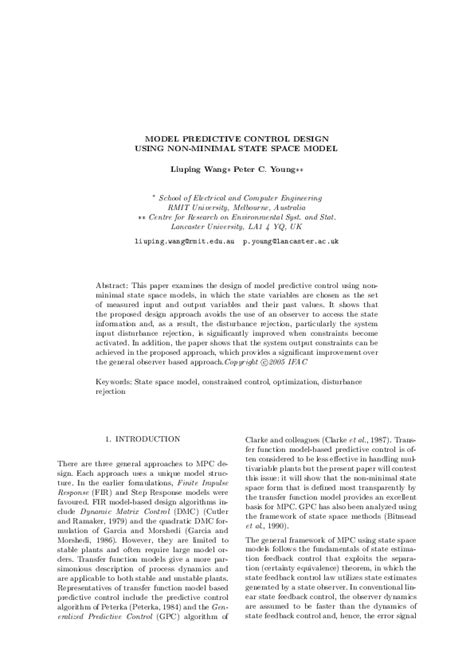 pdf model predictive control design using non minimal state space model liuping wang