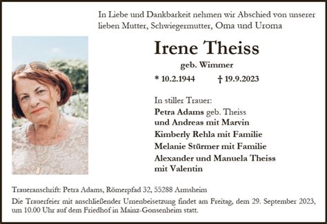 Traueranzeigen Von Irene Theiss Vrm Trauer De