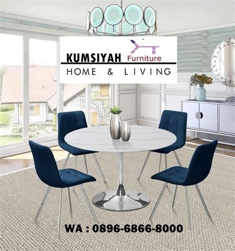 Jual Meja Makan Marmer Bulat Putih Kaki Stainless Simple Kursi Jok Biru