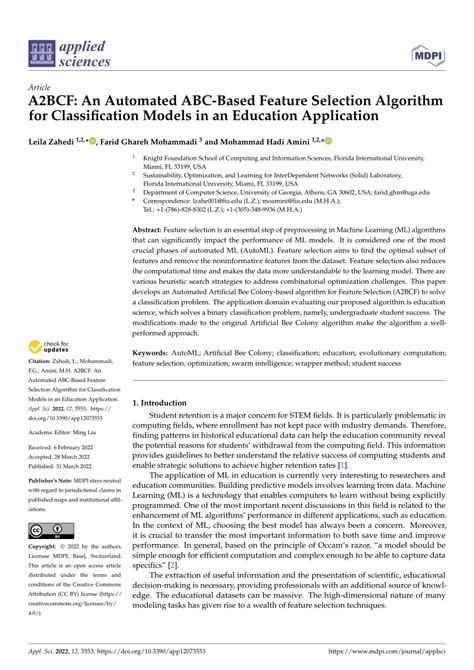 pdf a2bcf an automated abc based feature selection algorithm for classification models in an
