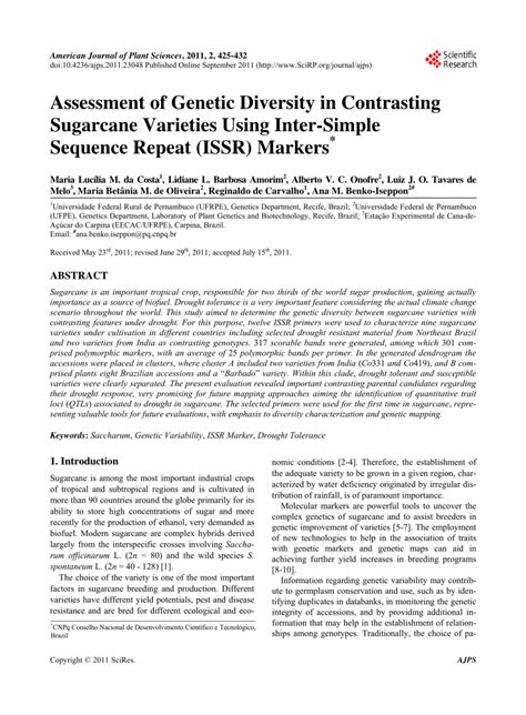 pdf assessment of genetic diversity in contrasting sugarcane varieties using inter simple