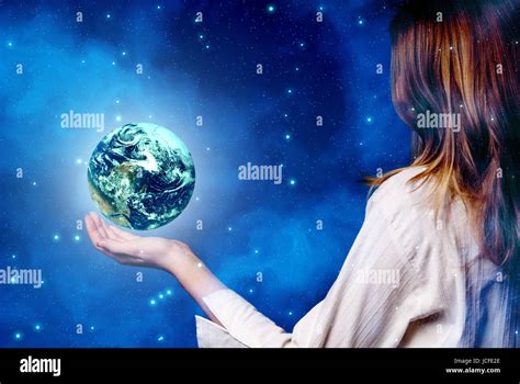 Woman Holding A Planet Earth In Her Hand Save Our Planet Concept Stock