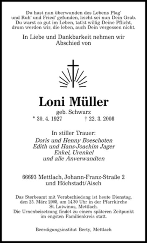 Traueranzeigen von Loni Müller Saarbruecker Zeitung Trauer de
