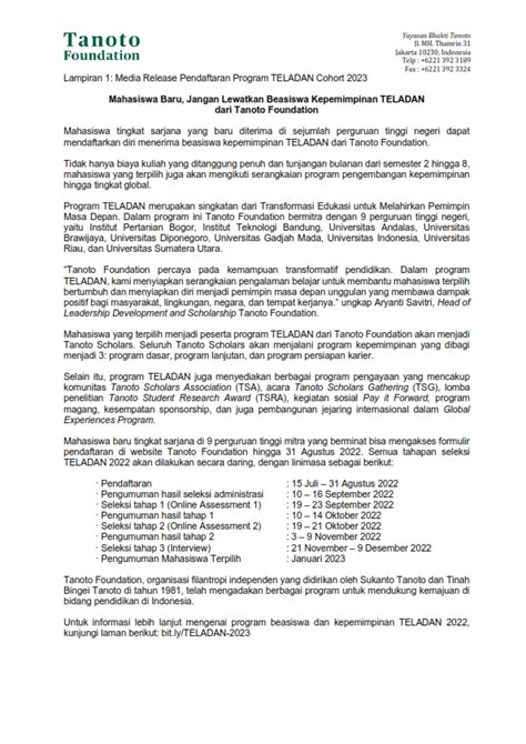 Penawaran Beasiswa Kepemimpinan Teladan 2023 Dari Tanoto Foundation