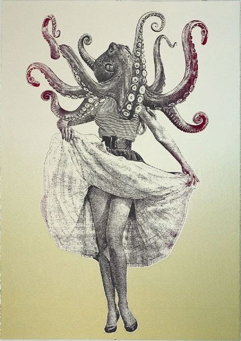 A Drawing Of A Woman In A Dress With An Octopus On Her Head And Legs