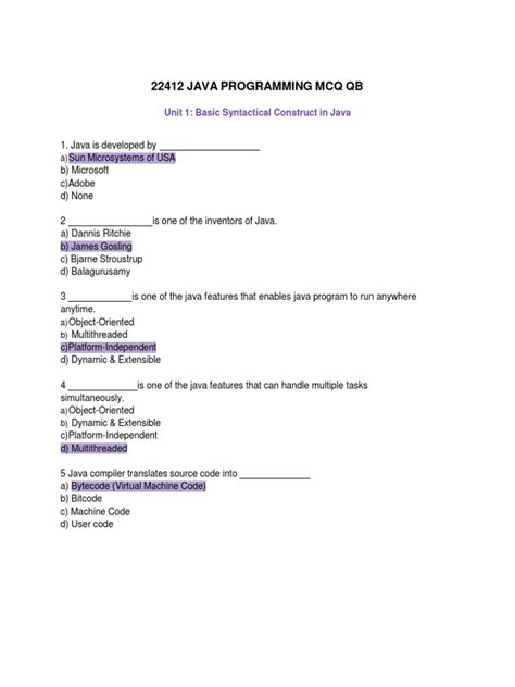 java programming mcq qb unit 1 basic syntactical construct in java pdf method computer