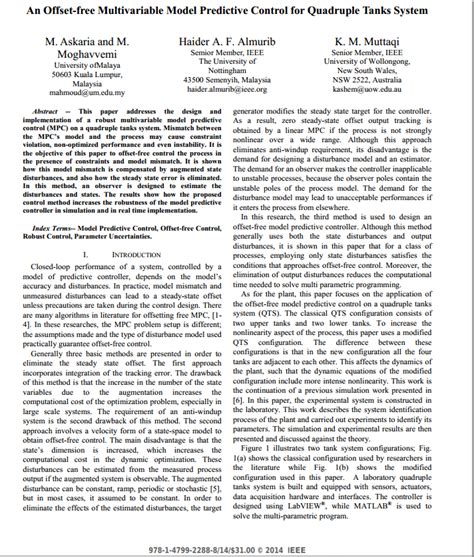 pdf an offset free multivariable model predictive control for quadruple tanks system