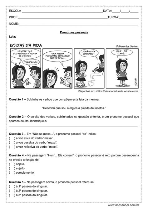 Atividade Sobre Pronomes Pessoais 7o Ano