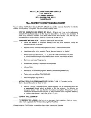 Fillable Online Co Whatcom Wa REAL PROPERTY EXECUTION INTAKE SHEET Co