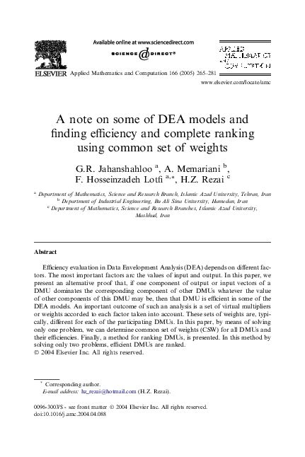 pdf a note on some of dea models and finding efficiency and complete ranking using common set