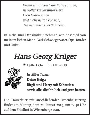 Traueranzeigen Von Hans Georg Kr Ger Trauer Nordkurier