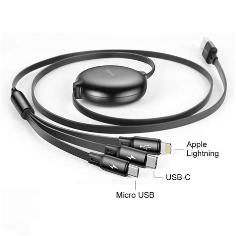 Baseus Retractable Type C Lightning Micro USB Cable 1 2m