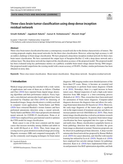 three class brain tumor classification using deep dense inception residual network request pdf