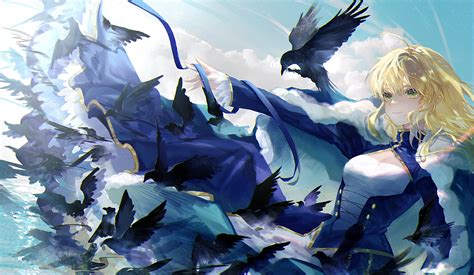 Safebooru 1girl Absurdres Ahoge Artoria Pendragon Fate Bird Blonde Hair Blue Cape Blue Dress
