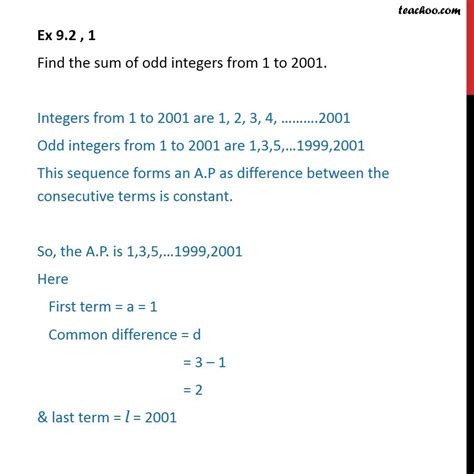 question 1 find sum of odd integers from 1 to 2001 arithmetic prog