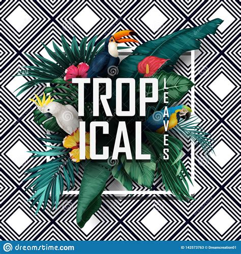 Colecci N De Los P Jaros Con Las Plantas Tropicales En Fondo Rayado