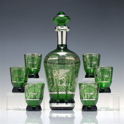 Antique Murano Silvered Green Glass Decanter Six Matching Glasses