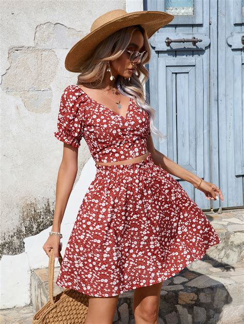 SHEIN VCAY Ditsy Floral Print Flounce Sleeve Crop Top Skirt SHEIN USA