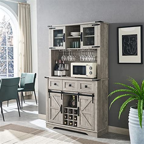 OKD Farmhouse Bar Cabinet With Sliding Barn Door Kitchen Hutch Storage