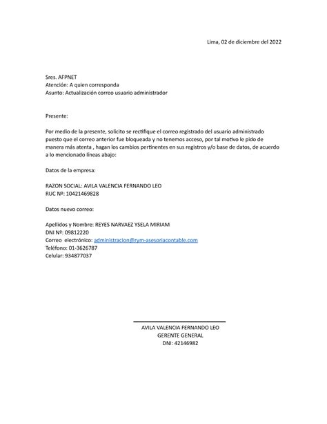 Cartaafp CARTA DE AFP PARA CAMBIO DE DIRECCION Lima 02 De