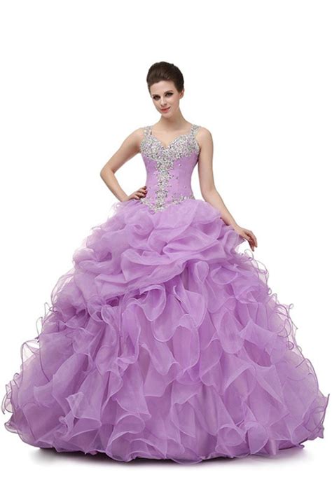 Princess Ball Gown Sweetheart Lilac Organza Ruffle Beaded Prom Dress