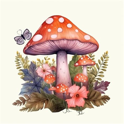 Una Pintura De Acuarela De Un Hongo Con Una Mariposa Foto Premium