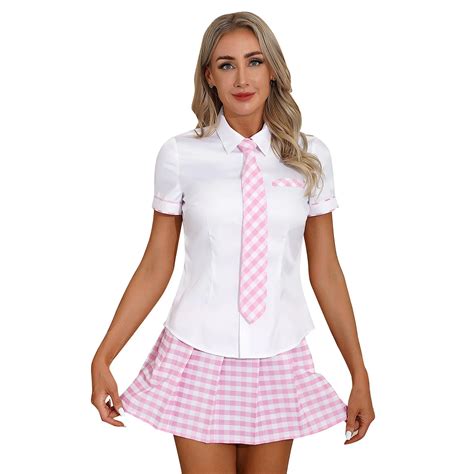 Womens Schoolgirl Uniform Cosplay Costume Set Short Sleeve Shirt With Pleated Mini Skirt Bow Tie