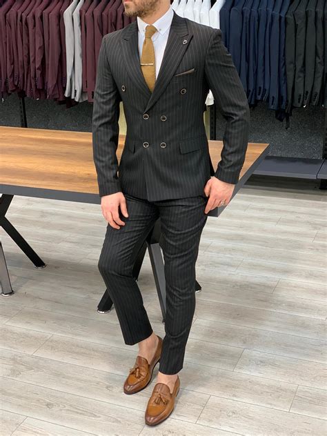 Black Pinstripe Suit Brown Shoes