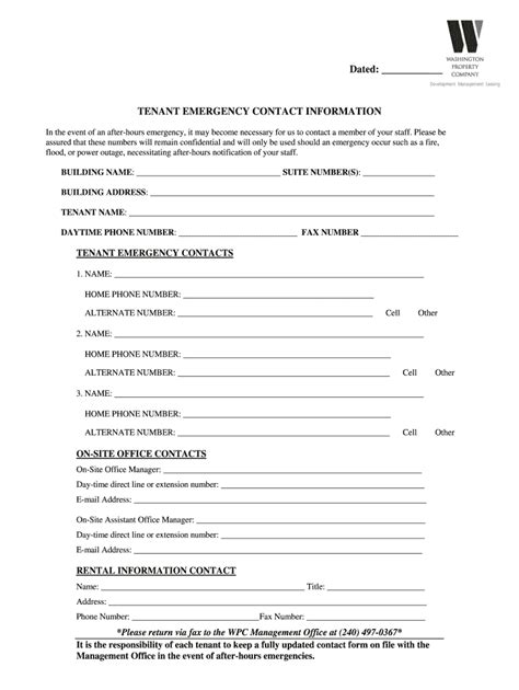 Tenant Emergency Contact Form Fill Online Printable Fillable Blank